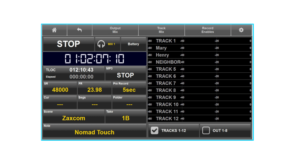 Zaxcom Nomad Touch Software GUI